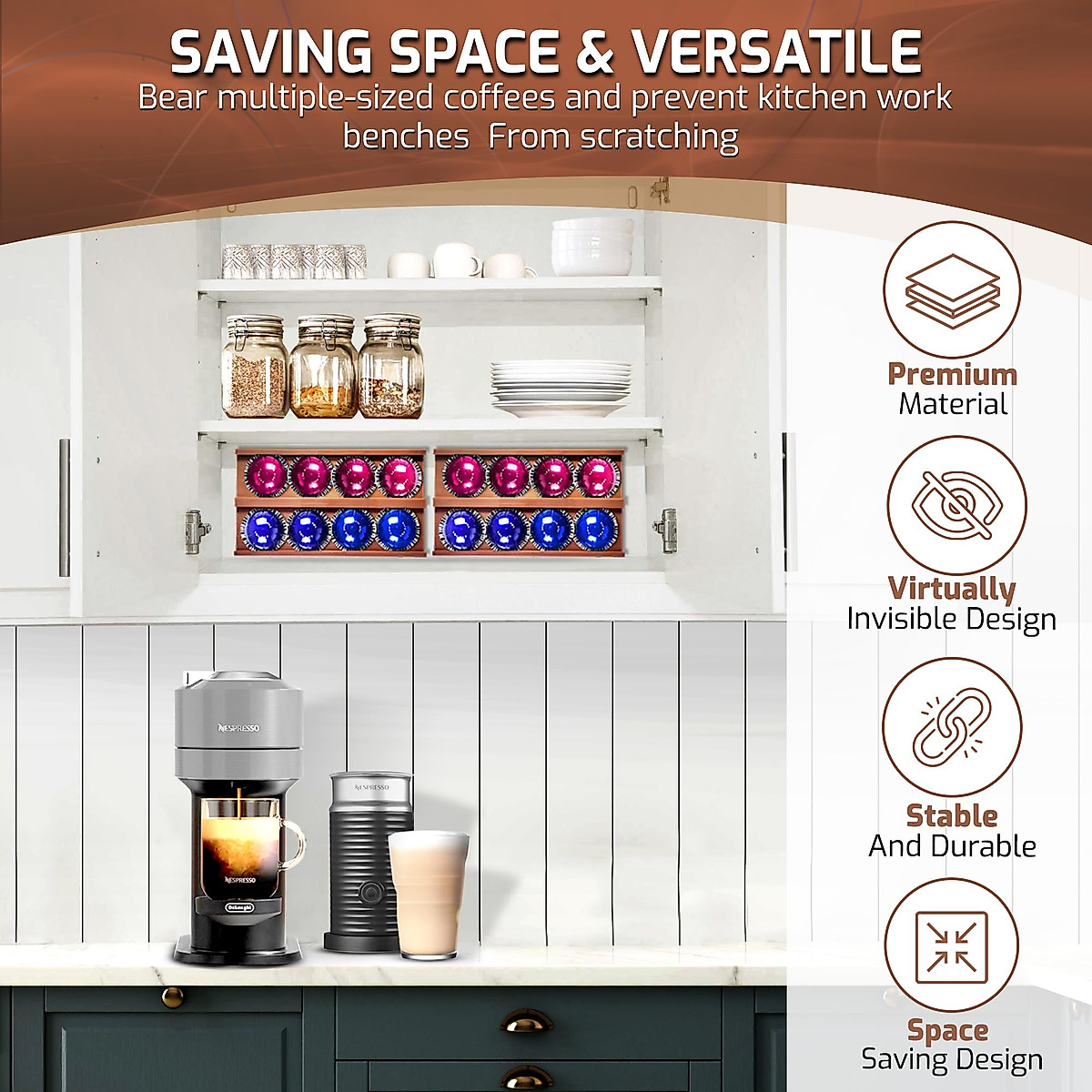 Pod Holder for Vertuo Coffee Pods | Under Cabinet or Wall Mounted Storage for Pods | Minimalist Design to Declutter Your Kitchen | MADE IN USA (White)