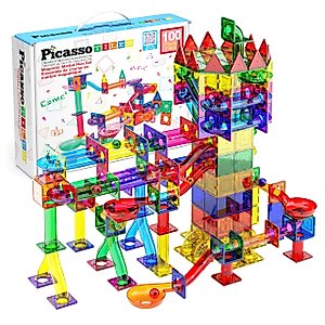 PicassoTiles Marble Run 100 Piece Magnetic Tile Race Track Toy Play Set STEM Building & Learning Educational Magnet Construction Child Brain Development Kit Boys Girls Age 3 4 5 6 7 8+ Years Old Toys