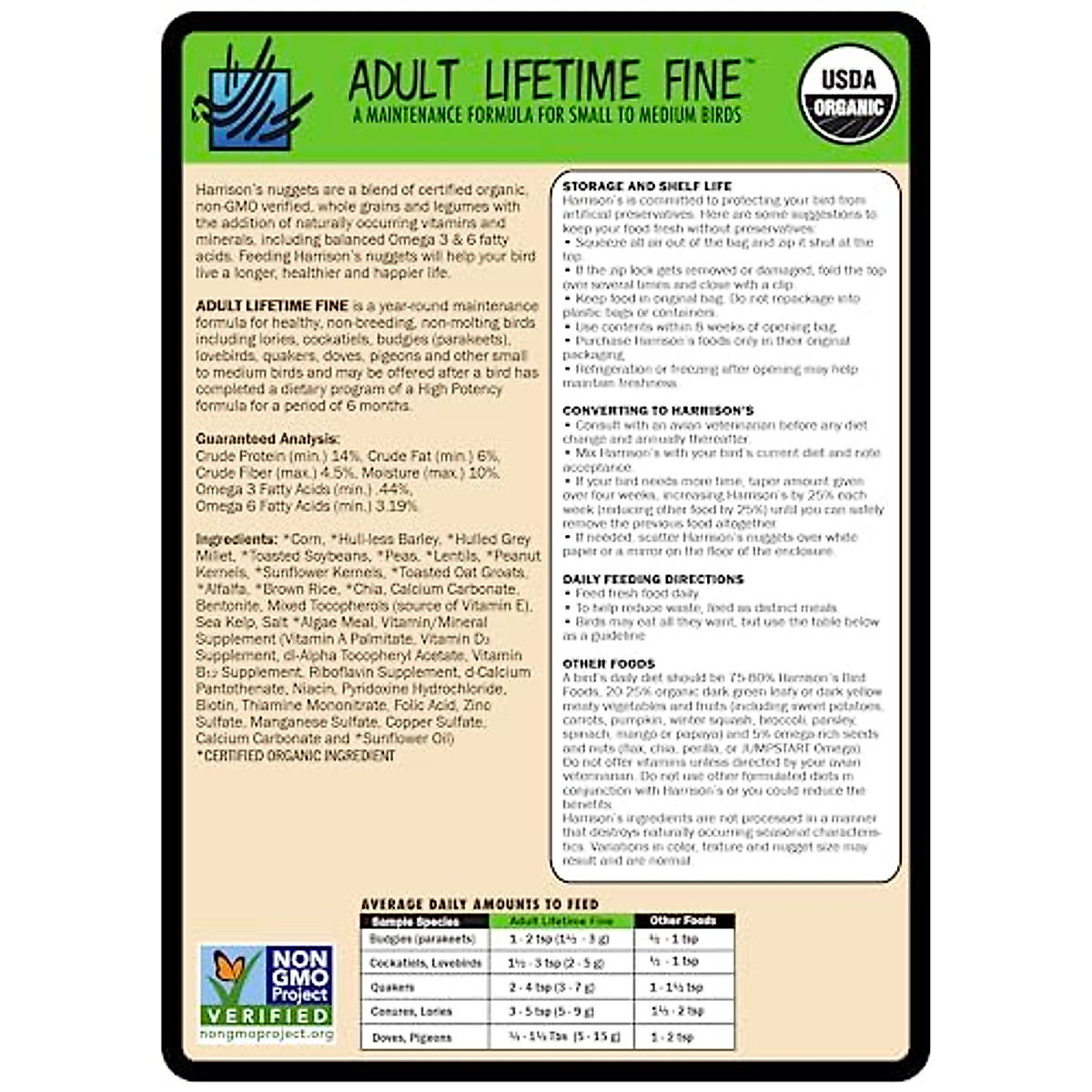 Harrison's Bird Foods Adult Lifetime Sup Fine 1lb Certified Organic Formula