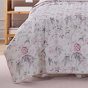 Laura Ashley - Queen Quilt Set, Reversible Cotton Bedding with Matching Shams, Lightweight Home Decor for All Seasons (Breezy Floral Pink/Grey, Queen)