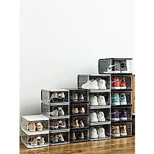 kicksluoplug KM,Shoe Storage Box,Arc-Shaped Safe Plastic box, Set of 4,Shoe Organizer for Display Sneakers,Stackable Clear box,Fit up to US Size 12(13.4inx 9.84inx 7.1in) (Black)