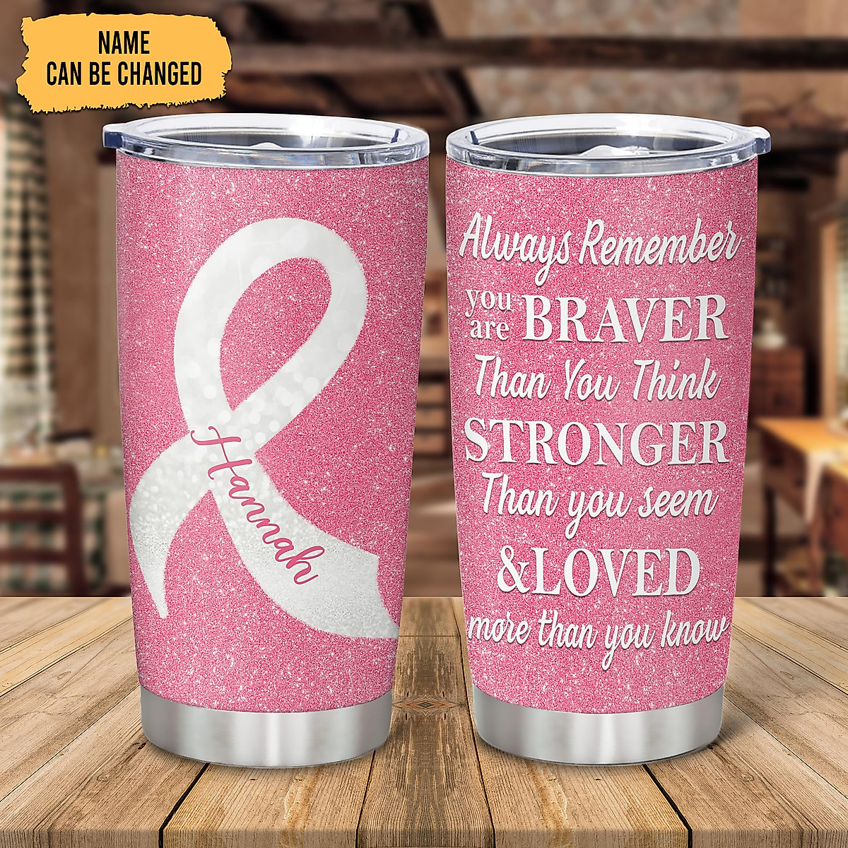 Hyturtle Personalized Breast Cancer Awareness Gifts For Women - Custom Name Stainless Steel Tumbler Coffee 20 oz With Lid - Breast Cancer Cup Gifts For Friend, Mom On Awareness Month, Christmas