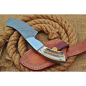 HUNTEX Handmade Hand-Forged Twist Pattern Damascus Steel 9 Inch Long Full Tang Natural Deer Antler Handle Razor Sharp Hunting Camping Cleaver Knife w/Genuine Leather Sheath