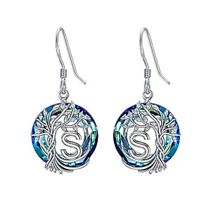 TOUPOP Tree of Life Initial Earrings 925 Sterling Silver Initial S Letter Drop Dangle Earrings with Blue Circle Crystal Family Tree Jewelry Anniversary Birthday Christmas Gifts for Women