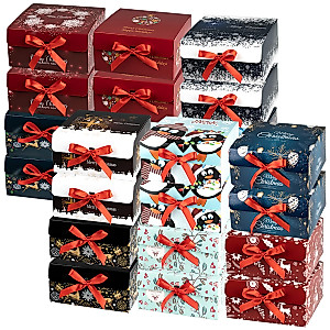 ARTLYMERS Christmas Gift Boxes with Lids, 24 Pack Gift Boxes and Red Ribbon Christmas Themed Pattern Small Gift Boxes for Christmas Presents Gifts Easy Assemble