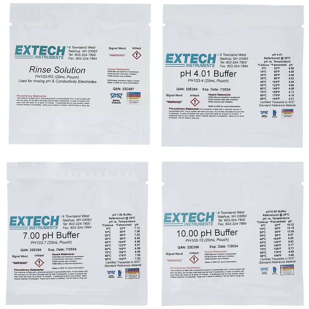 Extech PH103 Tripak Buffer Pouches 4, 7 and 10 pH with Rinse Solution Kit