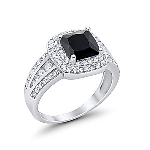 Halo Art Deco Wedding Engagement Ring Princess Cut Round Simulated Black Cubic Zirconia 925 Sterling Silver Size-6