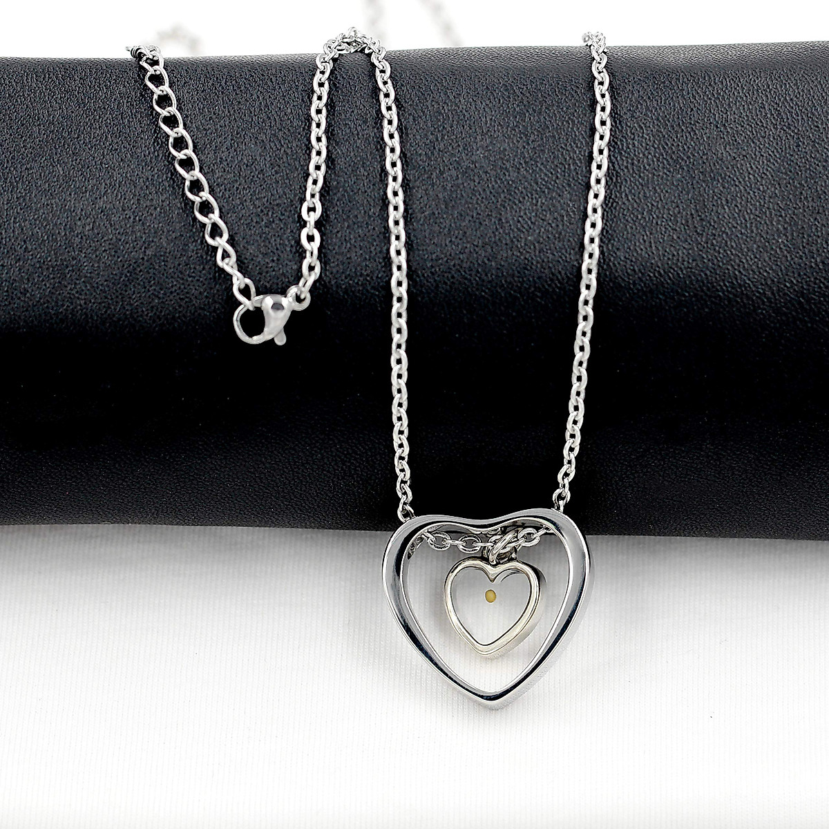 Uloveido Stainless Steel Double Hearts Necklace, Real Mustard Seed Heart Pendant Necklace for Women Ladies Y854 (Heart)
