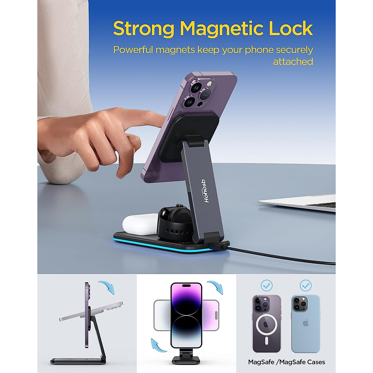 Hohosb Magnetic Charging Station, 3 in 1 Foldable Wireless Charger Stand[Compatible with Magsafe Charger] for iPhone 15/14/13/12 Series, AirPods Pro/3/2,Apple Watch/iWatch(18W Adapter Included)-Black