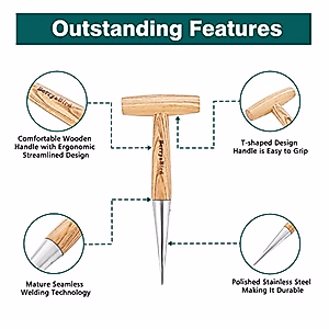 Berry&Bird Hand Dibber, Stainless Steel Sow Dibbler with Wood Handle, Garden Hole Punch Dibbler Tool for Planting Seeds & Bulbs, Hand Held Bulb Planter for Planting Flowers Tulips, Daffodils, Dahlias