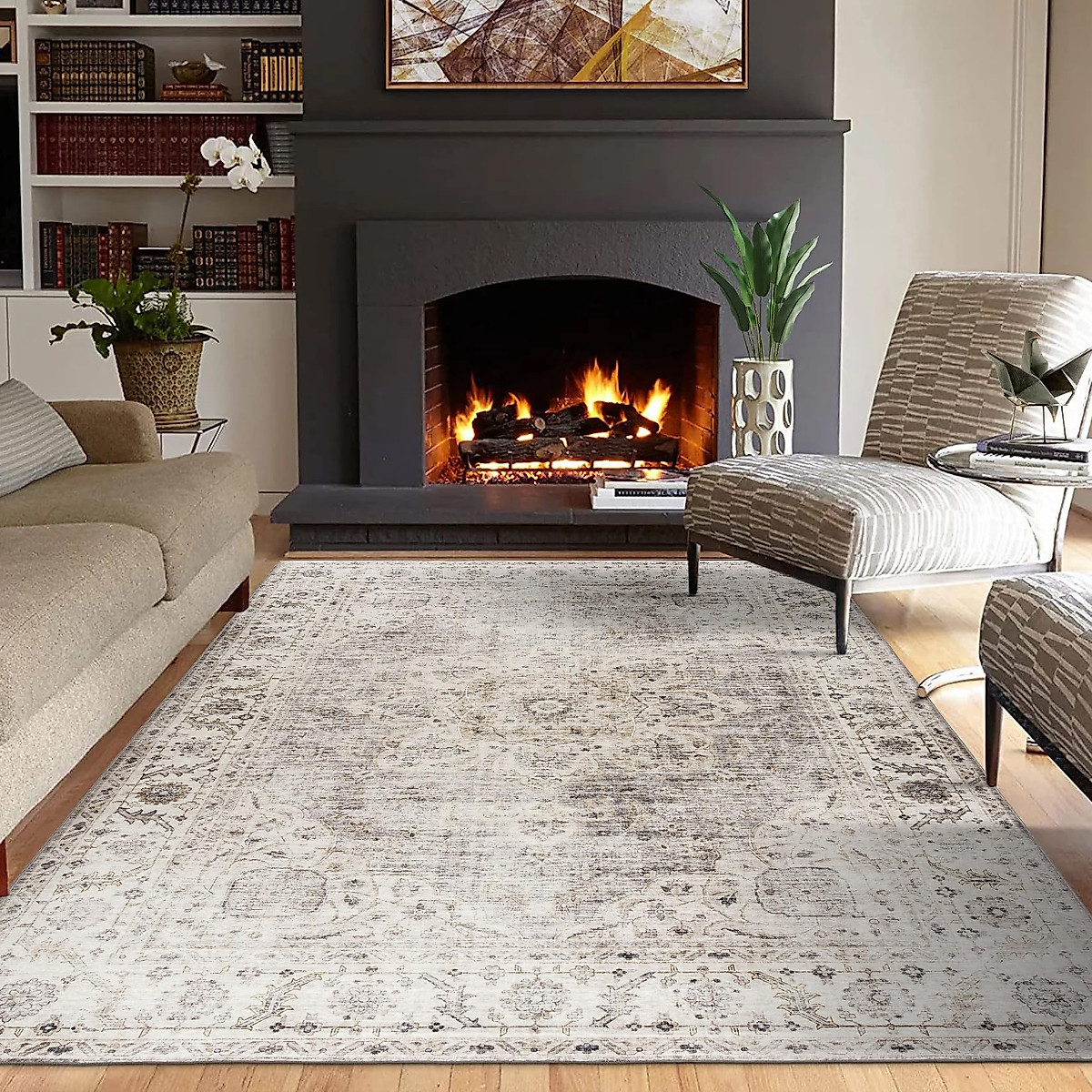 ReaLife Machine Washable Area Rug - Stain Resistant, Non-Shed - Eco-Friendly, Non-Slip, Family & Pet Friendly - Made from Premium Recycled Fibers - Vintage Bohemian Medallion - Beige Ivory, 3' x 5'