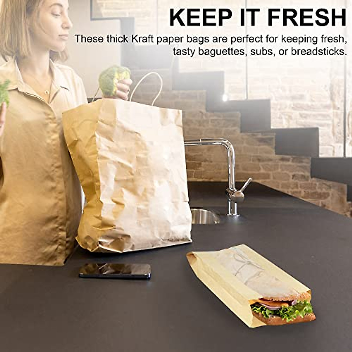 MT Products Paper Bread Bags - Kraft Brown Bakery Bags with Window - 6.5" x 2" x 18" Breathable Bread bags for Homemade Bread Gift Giving (Pack of 50) - Made in the USA