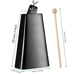 MAHIONG 2 Pack 9 Inch Cow Bell, Metal Noise Makers with Stick, Black Cowbell Percussion Instrument for Drum Set, Hand Percussion Cowbell for Sporting Events, School, Wedding, Farm