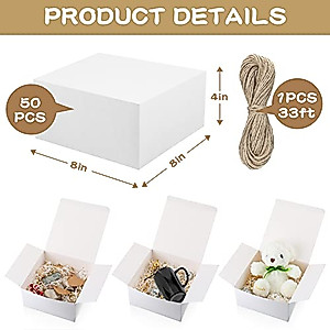 50 Pcs 8 x 8 x 4 Inch Gift Boxes with Lids Bridesmaid Proposal Box Paper Birthday Gift Box with 33 ft Twine for Christmas Bridal Wedding Graduation Party Favor Cupcake Presents Crafting (White)