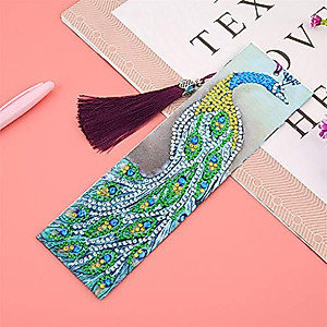 Peacock Diamond Painting Bookmark - pigpigboss DIY Bookmark Diamond Painting Set Flower Peacock Diamond Painting Bookmark with Tassel Crystal Diamond Dots Bookmark Art for Adult Children (21 x 6 cm)