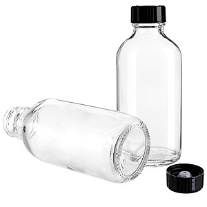 Bekith 24 Pack Clear Boston Round with Black Poly Cone Cap, 4 oz Clear Glass Bottles Sample Bottles for Juice, Ginger Shots, Oils, Whiskey, Liquids