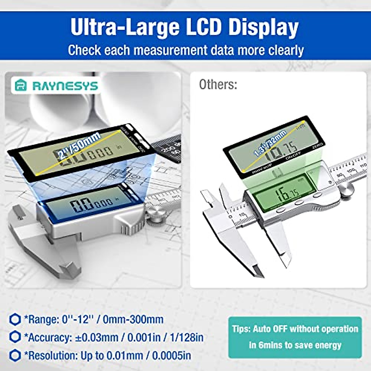 Raynesys Digital Caliper 12 Inch with Large LCD Screen, Inch/MM/Fraction Conversion, 300mm Micrometer Caliper All Stainless Steel Diameter Measuring Tool for Jewelers/Woodworkers/DIY