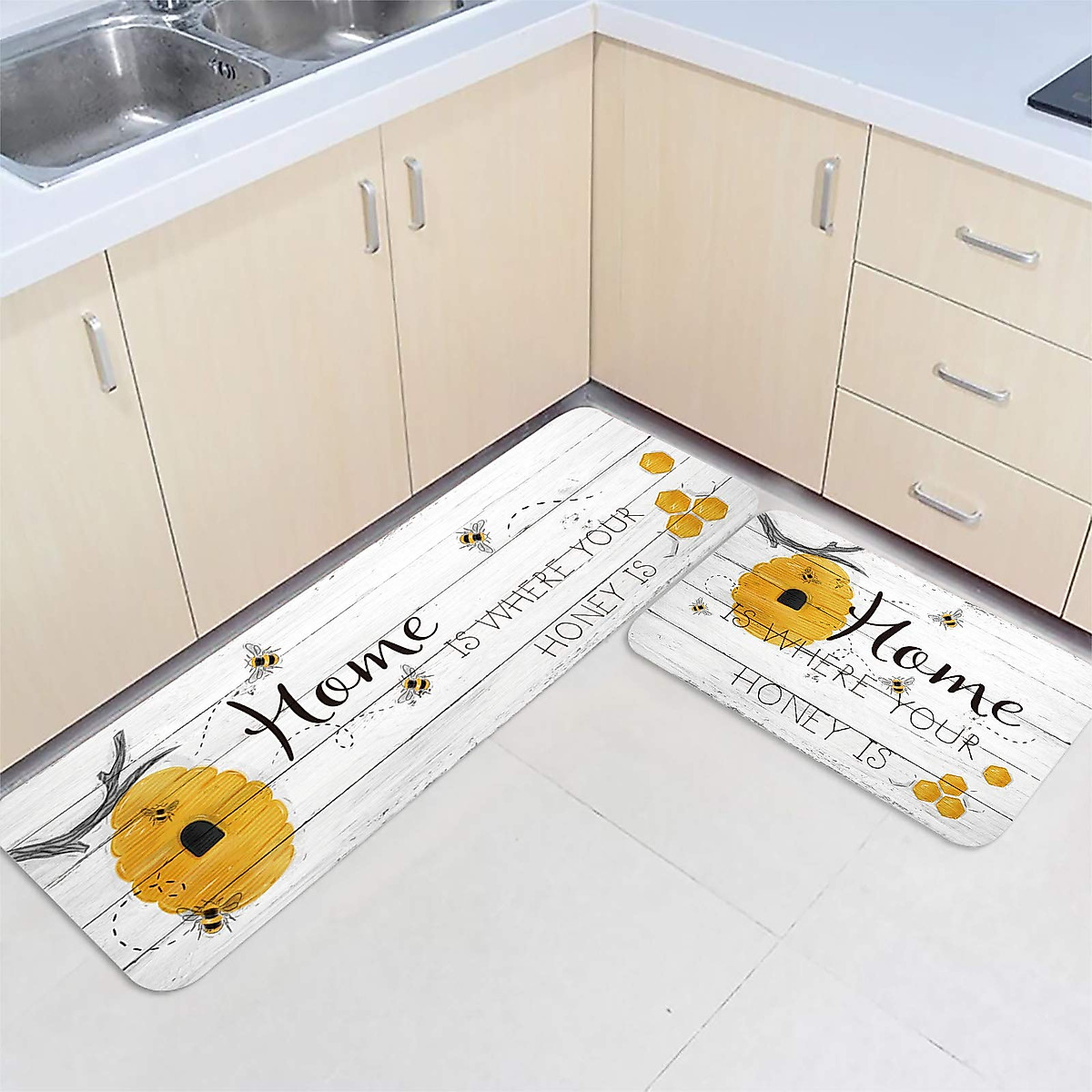 Kitchen Rugs Set 2 Pieces, Home is Where Honey is Bee Home Hive Wood Grain Non Slip Comfort Standing Floor Mat, Entryway Doormat Water Absorbent Washable Runner 16"x24" + 16"x47"