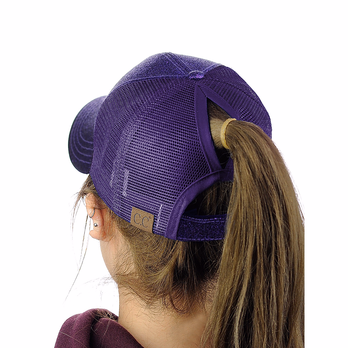 C.C Ponycap Messy High Bun Ponytail Adjustable Glitter Mesh Trucker Baseball Cap, Purple