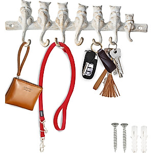 Comfify 7 Cats Cast Iron Wall Hanger - Decorative Cast Iron Wall Hook Rack - Vintage Design Hanger with 7 Hooks - Wall Mounted | 12.4 x 3.9” - with Screws and Anchors - White