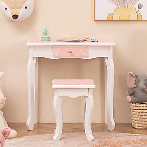 GLACER Kids Vanity Set, 2-in-1 Princess Makeup Table with Stool, Detachable Tri-fold Mirror and Large Drawer, Wooden Pretend Play Kids Vanity Table and Chair Set for Girls (Pink Snowflake Print)
