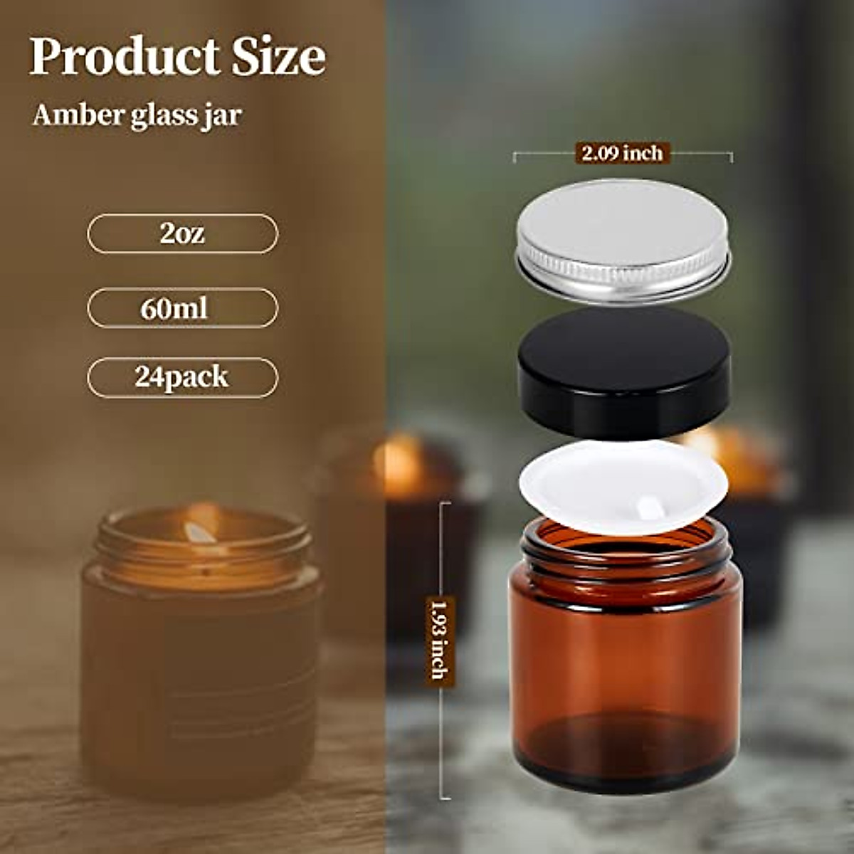 2 oz Amber Round Glass Jars (24 Pack & 48 Lids), Empty Cosmetic Containers with Inner Liners and 24 black Lids & 24 Silver Lids for Slime, Beauty Products, Cosmetic, Lotion, Ointments & DIY