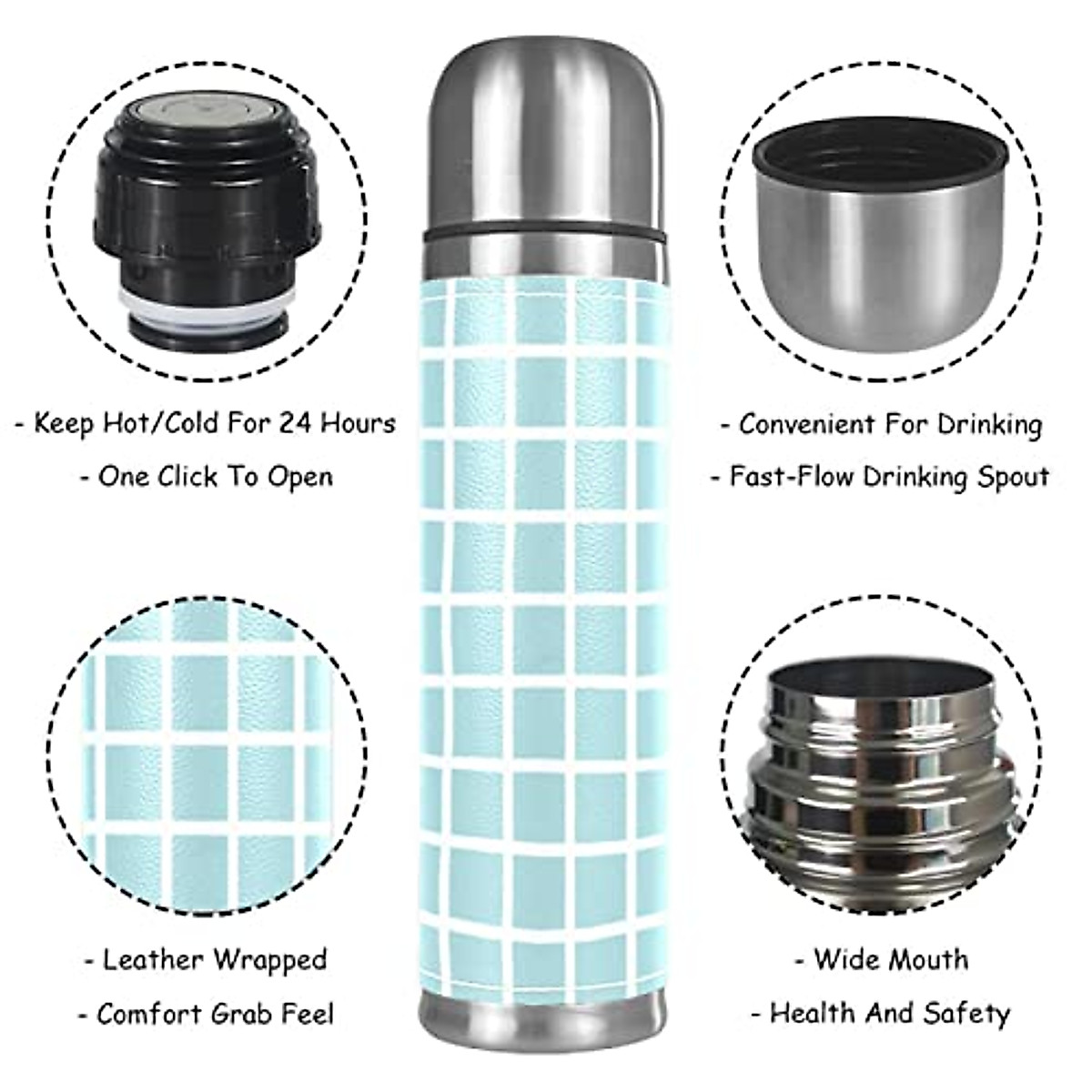 Turquoise Grid Plaid Pattern Stainless Steel Water Bottle Leak-Proof, Double Walled Vacuum Insulated Flask Thermos Cup Travel Mug 17 OZ