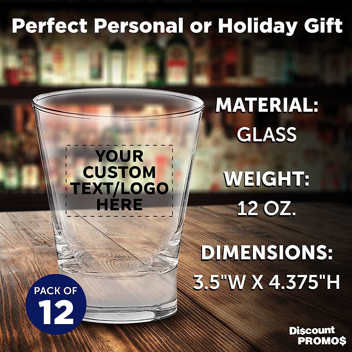 Custom Logo Whiskey Glasses 12 oz. Set of 12, Personalized Bulk Pack - Perfect for Scotch, Bourbon, Whiskey, Cocktail- Clear