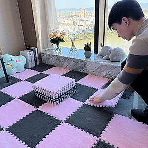 Washable Plush Interlocking Foam Puzzle Floor Carpet Tiles with Border- 16PCS EVA Fuzzy Soft Foam Square Floor Play Mat Anti-Slip Climbing Area Rugs F(Size:12x12x0.24in,Color:Light Gray + Pink)