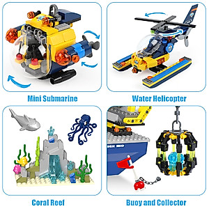 City Arctic Explorer Ship Building Toy Set,797pcs City Arctic Explorer Boat Building Kit with Coral Reef Scene,Octopus,Crab, Submarine and Helicopter,Ocean Building Toy for 6+ Years Old Boy Girl Gift