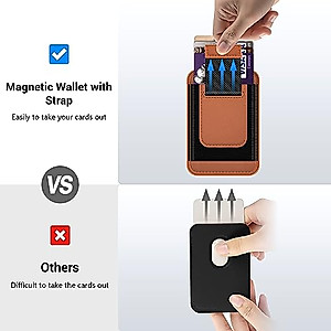Alfuvcona Magnetic Card Wallet Holder for MagSafe Card Wallet with Strap Leather Wallet for iPhone 15/14/ 13/12 Series Phone Wallet Compatible with Apple Magsafe - Hold 7-8 Cards, Brown