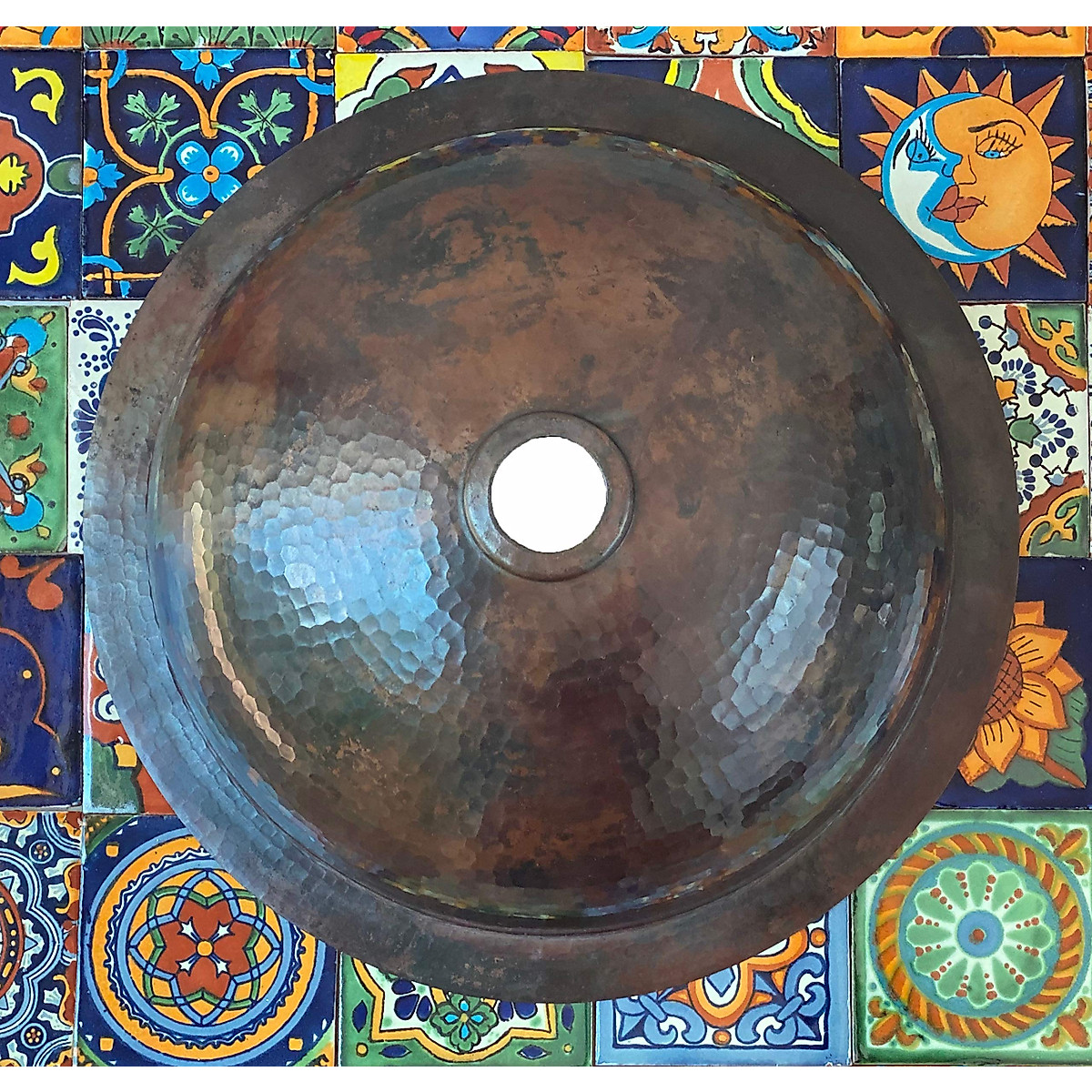 15" Round Copper Bathroom Sink Mexican Copper Bath Sink Pure Copper Hand Hammered Dual Mount Dark CPS05