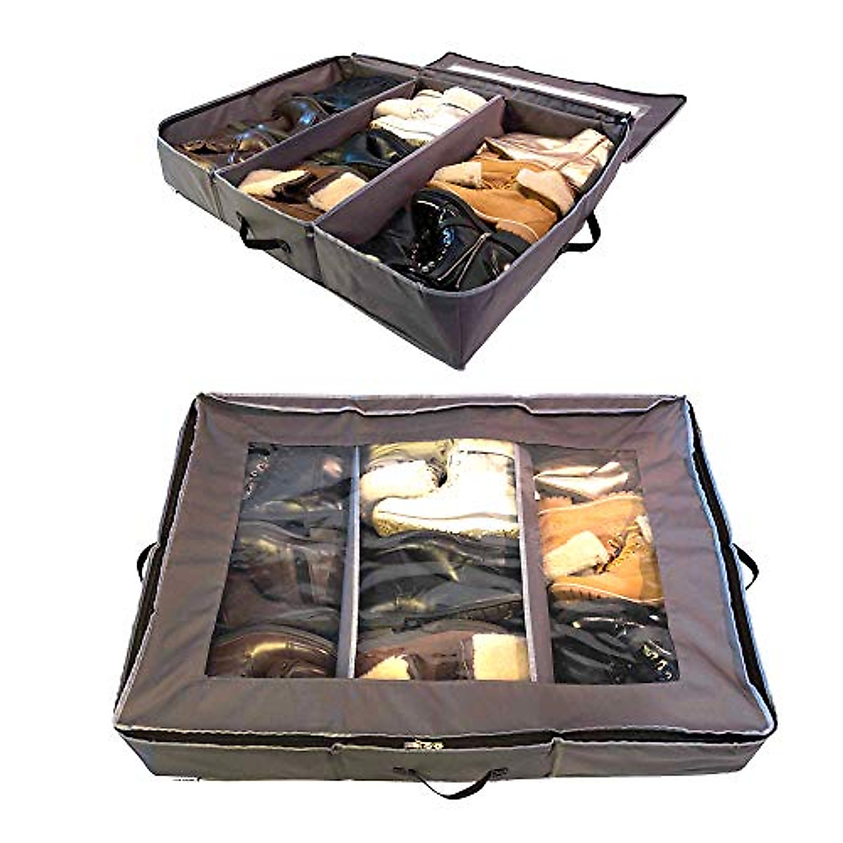 NDR Home XL Under Bed Boots Shoes Clothes Storage Organizer, Adjustable Dividers - Fits Tall Boots or 12 Pairs of Shoes - Compact space saving storage (Grey). Extra durable material, 36x25x6in.