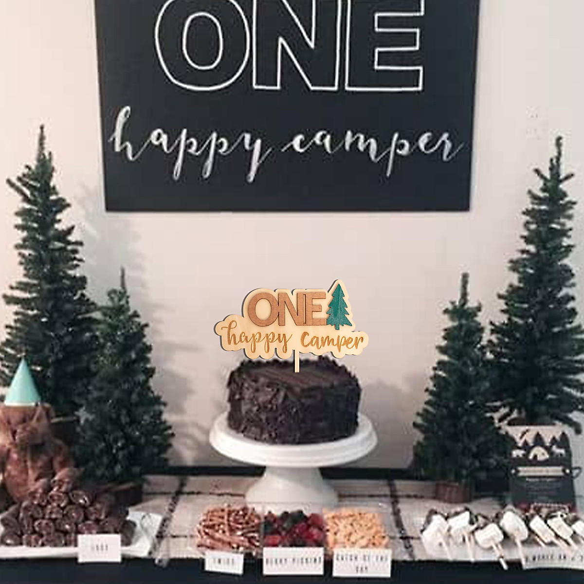 CIEQR One Happy Camper Cake Topper - Camping Theme Wooden Cake Topper, First Birthday Cake Decoration for Baby Shower, 1st Birthday Party, Anniversary, Baby Photo Booth Props...