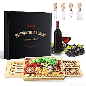 Weoowin Bamboo Charcuterie Boards and Knife Set - Large Cheese Board, Cheese Platter & Tray, Unique House Warming, Birthday, Christmas, Wedding, Registry, Bridal Gift
