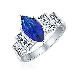 Bling Jewelry Sterling Silver 2ct Marquise Blue Sapphire Color CZ Bar Side Stone Engagement Ring - Size 7