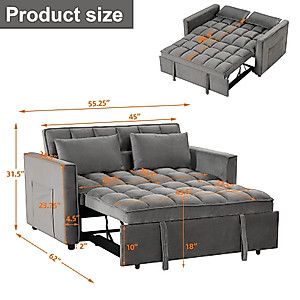 EBELLO 3 in 1 Convertible Sleeper Sofa Bed, Modern Velvet Loveseat Futon Couch Pullout Bed with Side Storage Pockets and Pillows, Small Love Seat Lounge Sofa Bed for Small Space,Light Grey