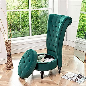 Container Furniture Direct Royal High-Back Velvet Accent Chair for Vanity with Storage and Luxurious Upholstery, Retro Design and Versatile Usage for Living Room, Bedroom, Lounge and Office, Green