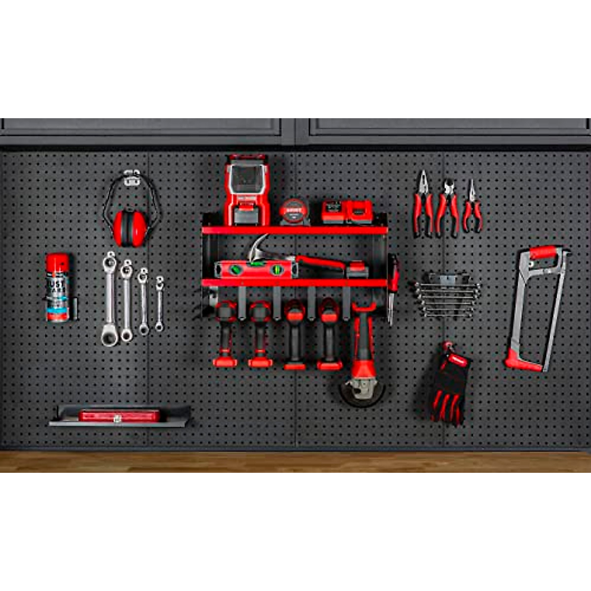 Toolganize Power Tool Organizer & Storage Wall Mount - Heavy Duty Metal Drill Holder & Cordless Tool Organizers Chest Rack - Premium Garage Utility Shelf & Pegboard Shed Workshop Shelving - Red