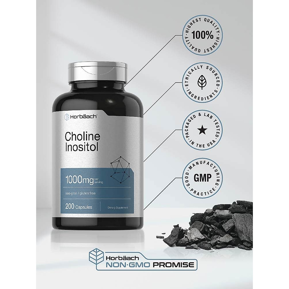 Horbaach Choline Inositol 1000mg Supplement | 200 Capsules | Non-GMO, Gluten Free