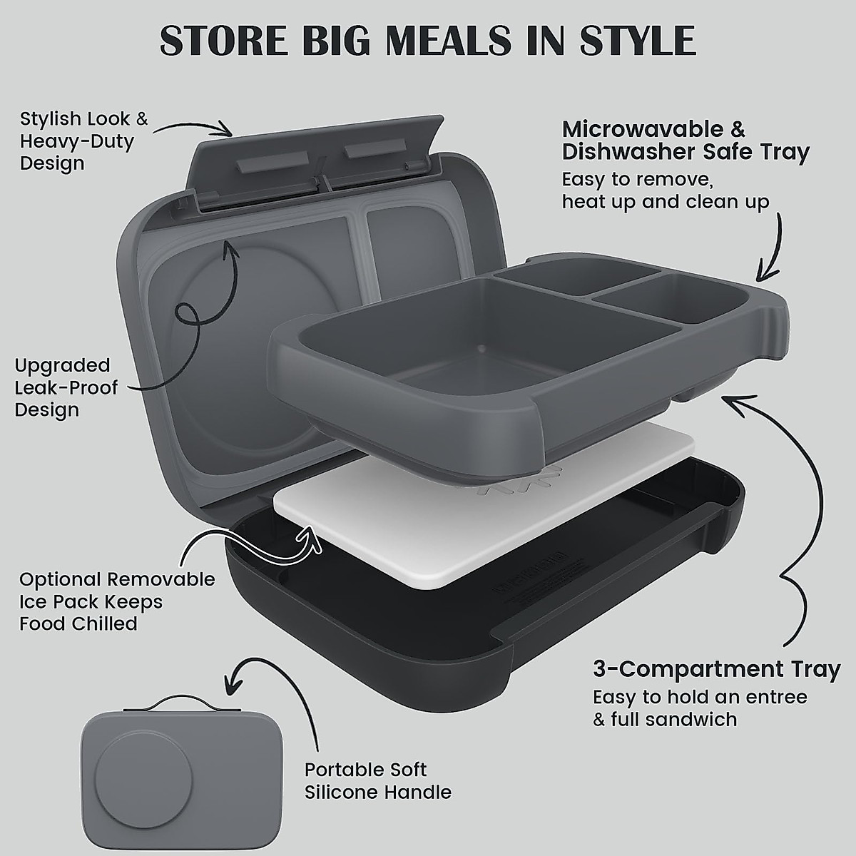 Caperci Heavy Duty Bento Box Adult Lunch Box - Leak-Proof Large Lunch Containers with Removable Ice Pack & 3 Compartments for Adults & Big Kids, BPA-Free, 1300mL/5.5 Cups (Dark Gray)