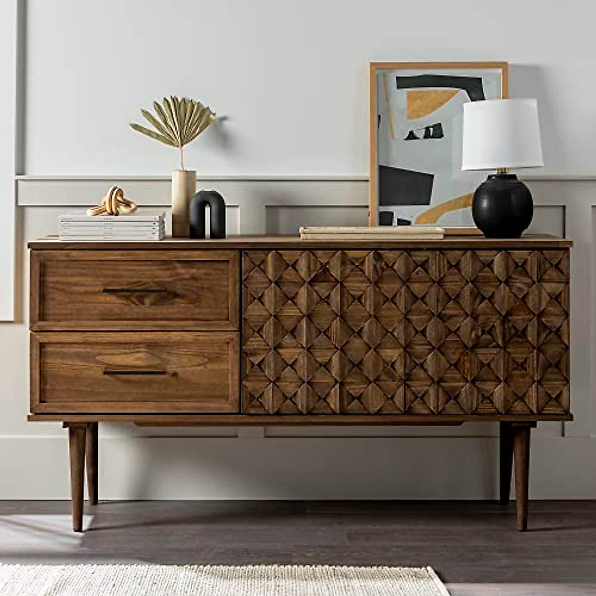 Walker Edison Deluca Boho Solid Wood 2 Door Sideboard with Prism Detail, 58 Inch, Brown
