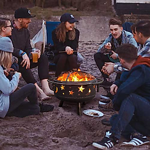 Wood Burning Fire Pit with Grill for Outside 30 Inch Outdoor Firepit with Cooking Grate Large Round Fire Pit Bowl with Poker & Spark Screen for Patio Lawn Backyard BBQ,Star & Moon Cutouts Pattern