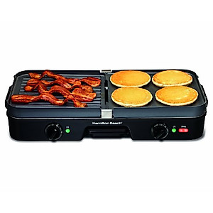 Hamilton Beach 3-in-1 Electric Indoor Grill + Griddle, 8-Serving, Reversible Nonstick Plates, 2 Cooking Zones with Adjustable Temperature (38546), Black