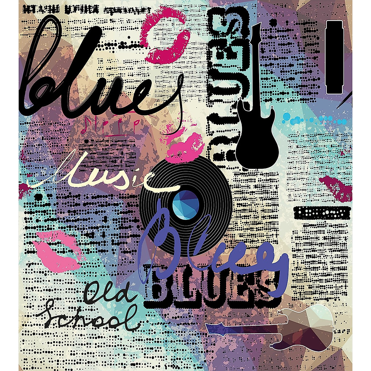 Ambesonne Old Newspaper Duvet Cover Set, Retro Blues Music Genre Old Record Electric Guitars Kiss Inscriptions Grunge, Decorative 3 Piece Bedding Set with 2 Pillow Shams, Queen Size, Dark Lavender