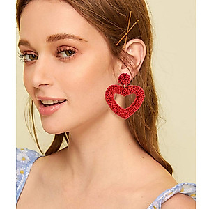 CEALXHENY Beaded Drop Earrings Handmade Seed Bead Heart Hoop Dangle Earrings Bohemia Statement Earring Studs for Women (Red)