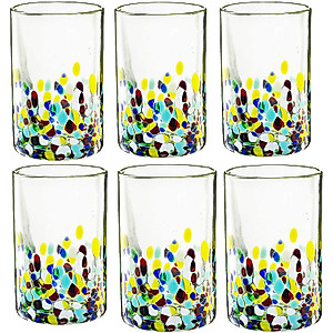 Mexican Confetti Drinking Glasses - Set of 6 - Confetti Rocks 16 oz Drinking Glasses, set of 6, Mexican Handmade Multicolor Glassware, Recycled Glass, Lead & Toxin Free, Dishwasher Safe Glassware