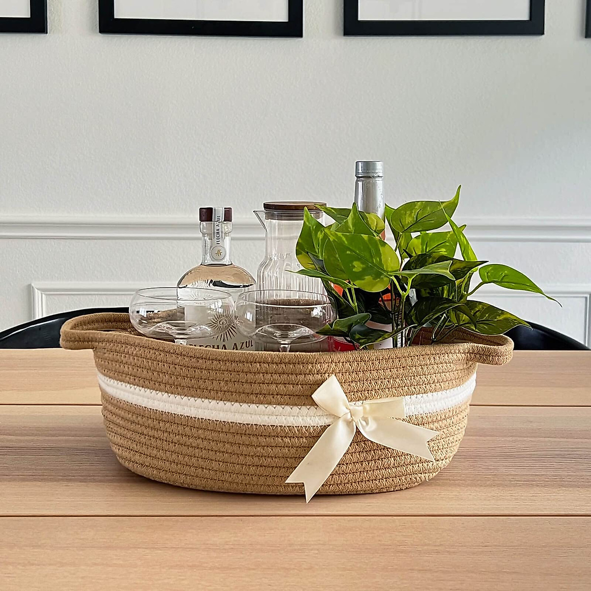 CHICVITA Small Woven Rope Gift Basket, Baby Nursery Storage Basket for Towels, Snacks, Toys, Diapers, Rectangle Shelf Basket for Bathroom, Cute Brown Basket, 13 x 9.8 x 5 inches