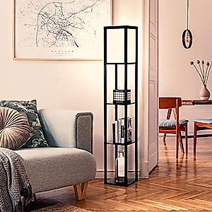 Battery Operated Floor Light with Remote Control,Wood Black Tall lamp with Shelves,Standing Light with Energy-Saving Light Bulb,Floor Light with Fabric lampshade,with Bulb+Remote+Charging Cable