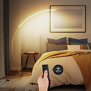 NUÜR Arc Floor Lamp, 67" Tall Black Gold LED Modern Standing Floor Lamp with Remote Control, Arched Bright Floor Lamps for Living Room Bedroom Office Home (Golden)